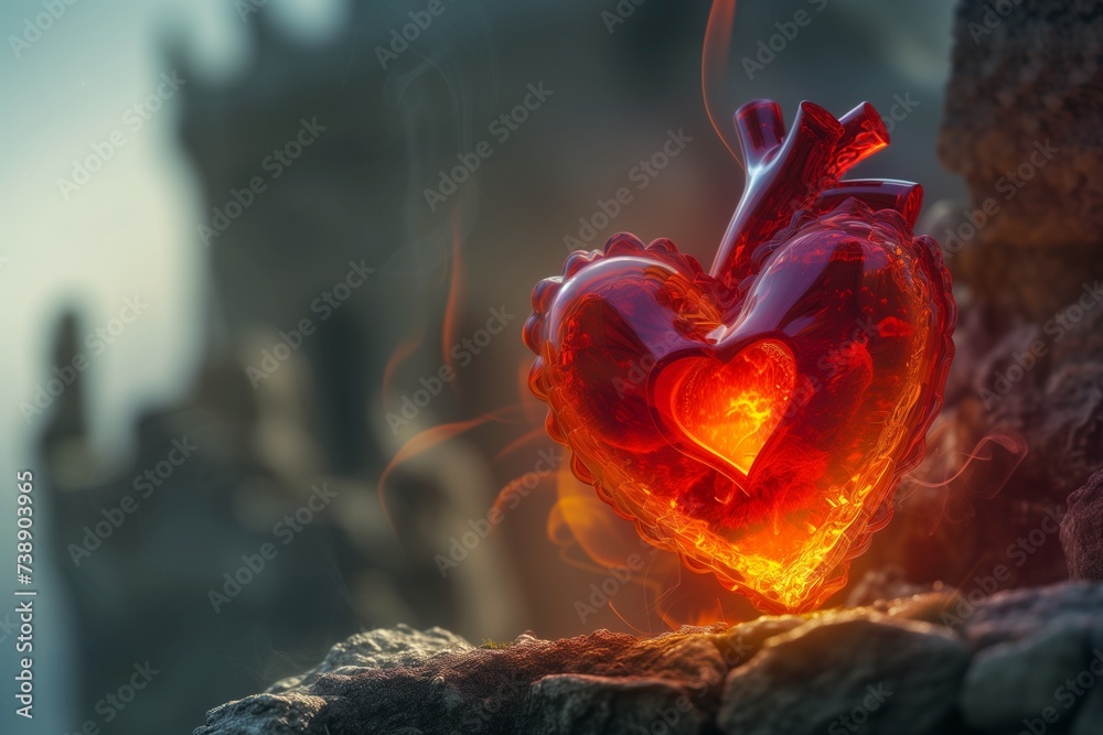 A burning red heart, its flames swirling around, set against a blurred ...
