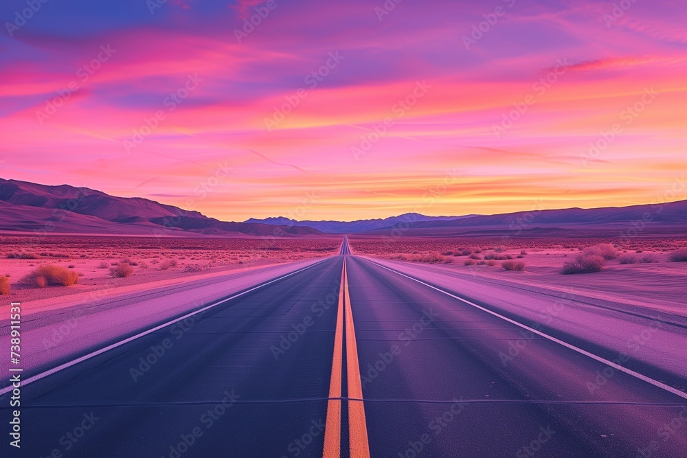 A lone highway heading straight into a captivating sunset, with the ...