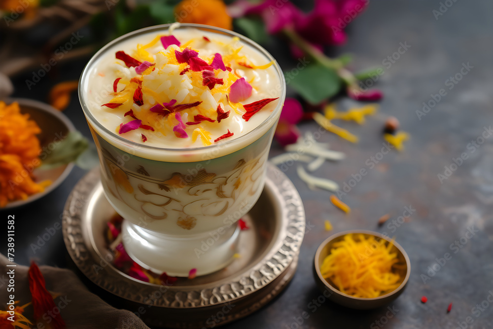 Shrikhand traditional Indian dessert with saffron topping in glass ...