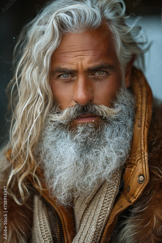 An elderly man with long white hair and a beard. His hair and beard are ...