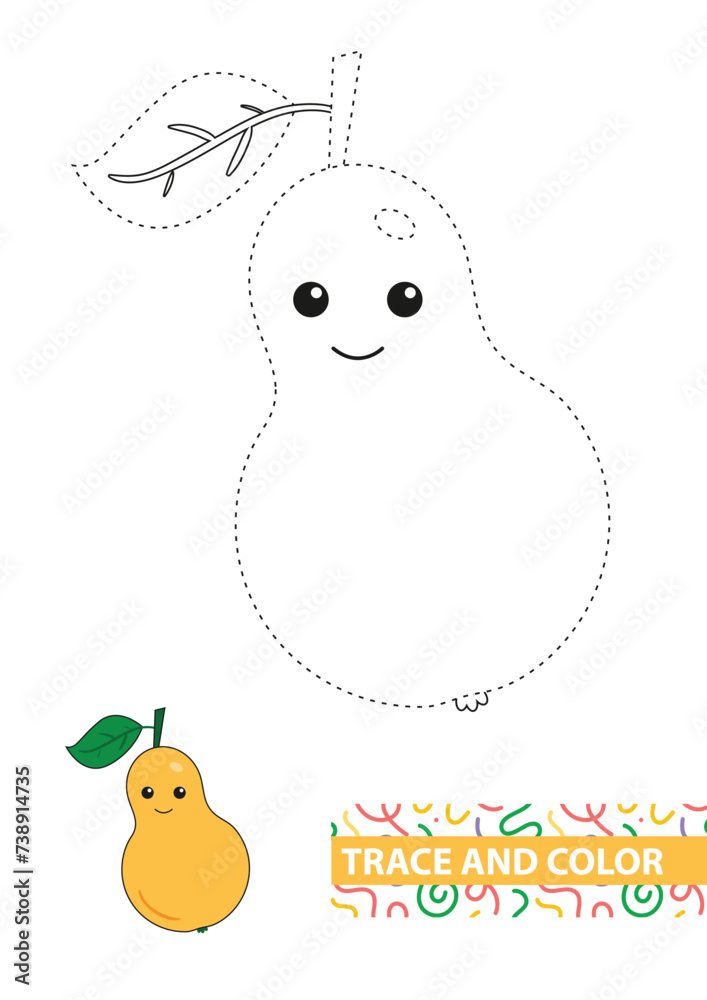 Pear. Trace and color for kids. Vector illustration. Stock Vector ...