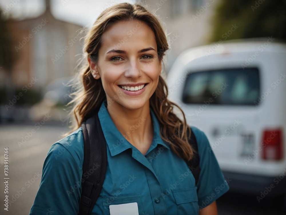 Mujer repartidora con atuendo de trabajo y aspecto amigable y confiable ...