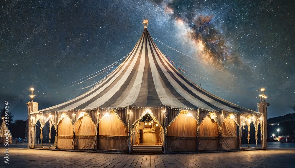 Circus tent with illuminations lights at night. Cirque facade. Festive attraction Stock Photo ...