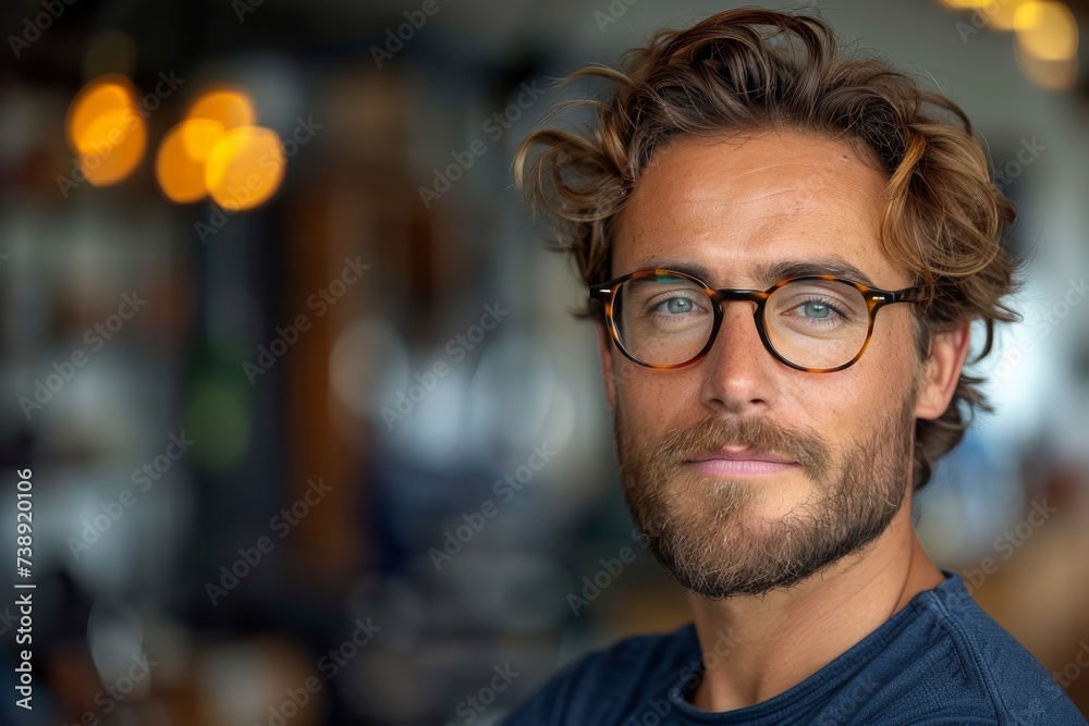 A bespectacled and bearded man gazes confidently at the viewer, his ...