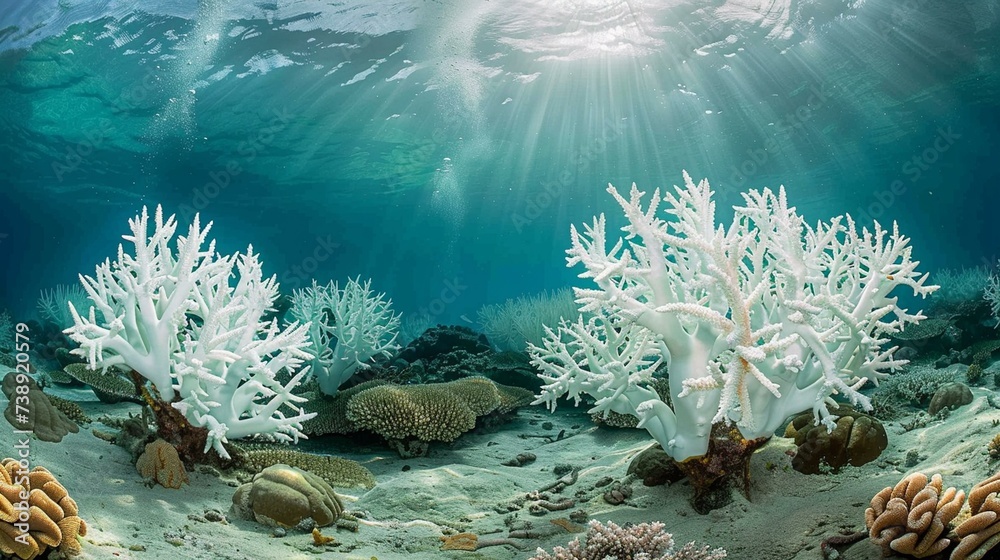 Picture of coral bleaching in a vibrant reef, symbolizing the ...