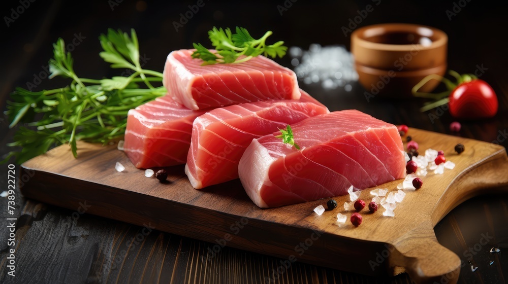 Raw tuna steak, Red sea fish fillet, fresh tuna filet, seafood sashimi ...