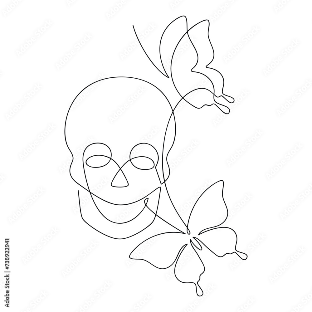 Hand drawn skull butterflies vector. One line continuous drawing ...