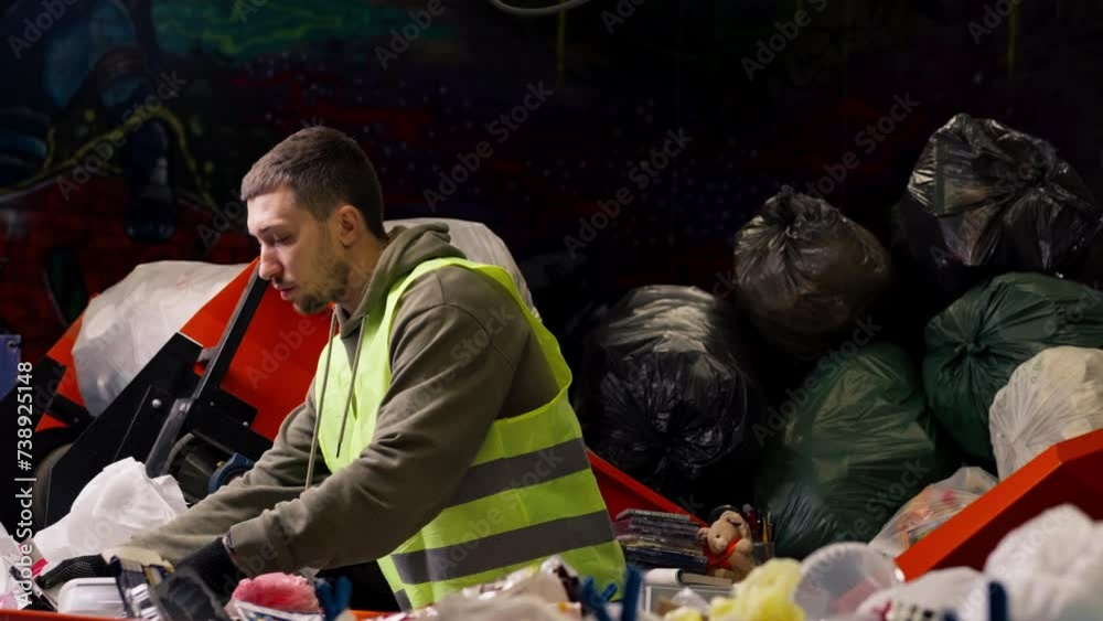 portrait of concentrated male worker in gloves and safety vest sorting ...