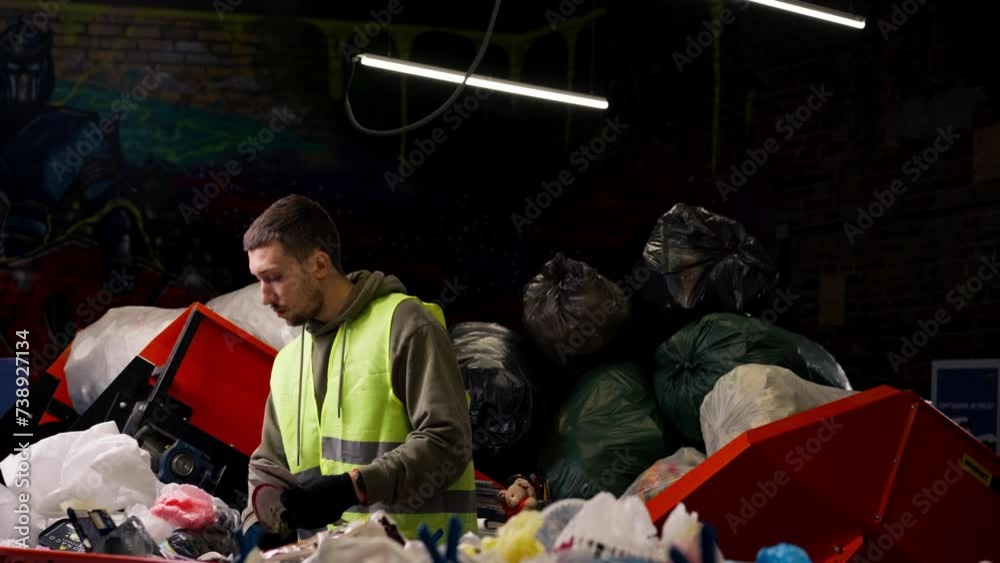 portrait of concentrated male worker in gloves and safety vest sorting ...