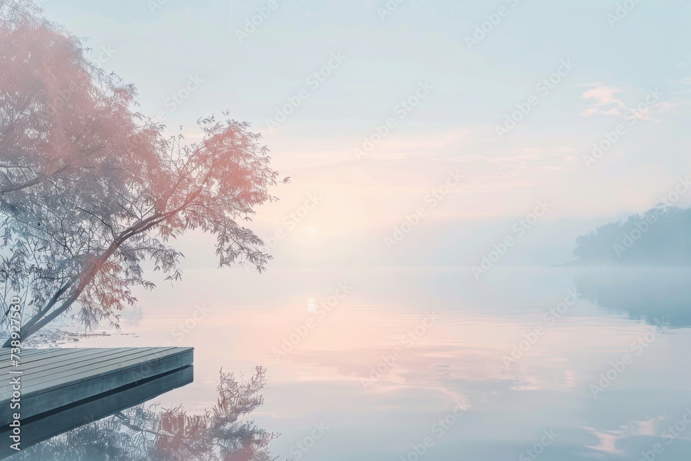 Tranquil Lake Dawn Scene - A serene morning at a calm lake with a ...