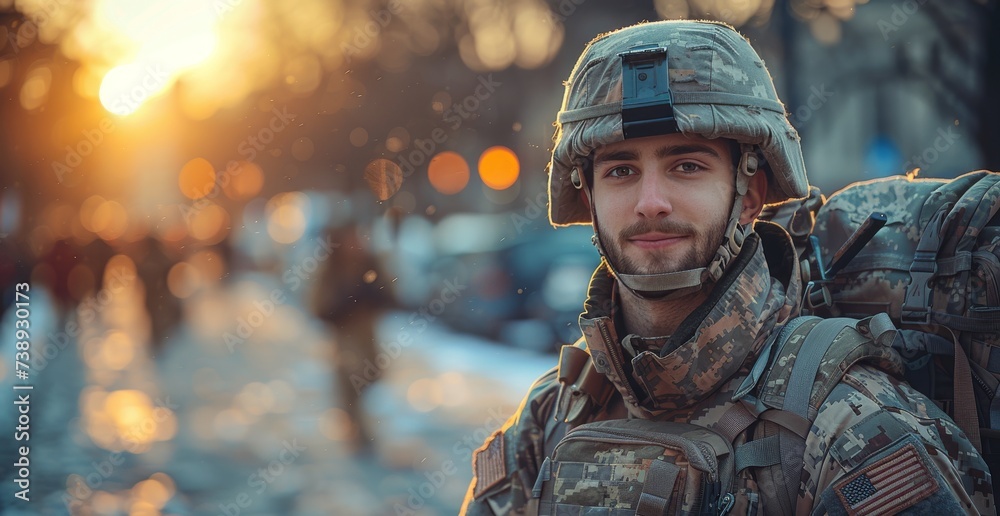 A fierce soldier stands ready for battle in his military uniform, armed ...