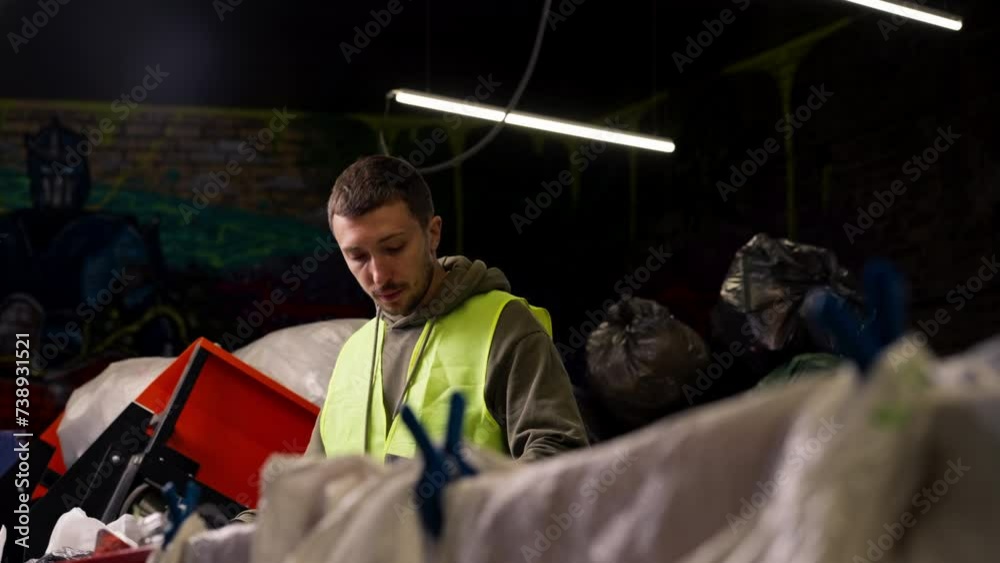 portrait of concentrated male worker in gloves and safety vest sorting ...