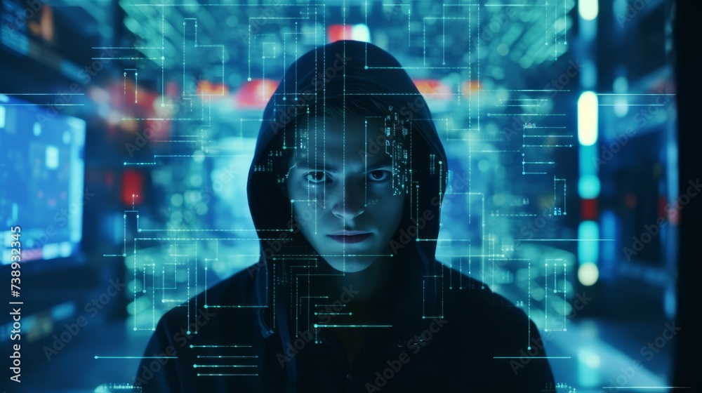 Person in front of a virtual display. Concept of cybersecurity ...