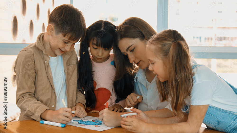 Panorama shot of happy diverse student and smart teacher drawing and ...