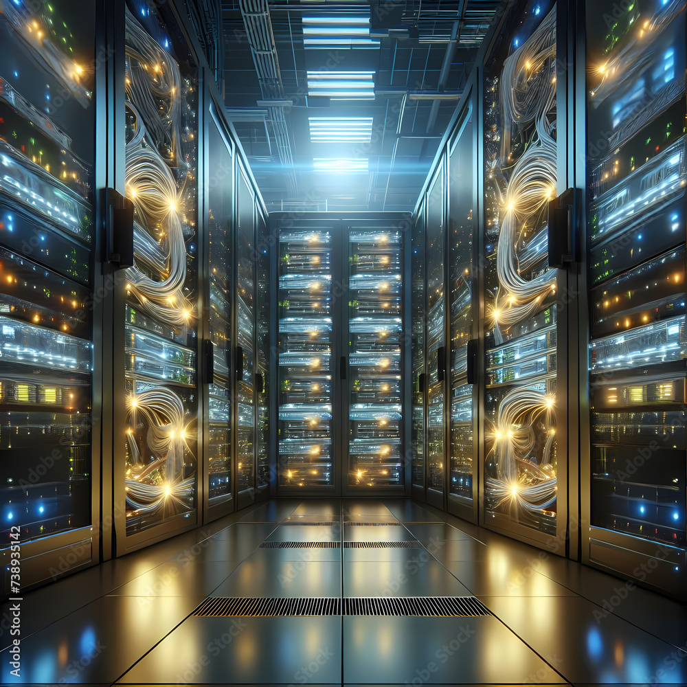 a data center, featuring rows of towering server racks adorned with blinking lights and cables ...