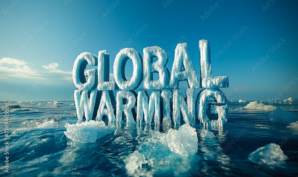 The words Global Warming in icy text are floating on the ocean surface ...