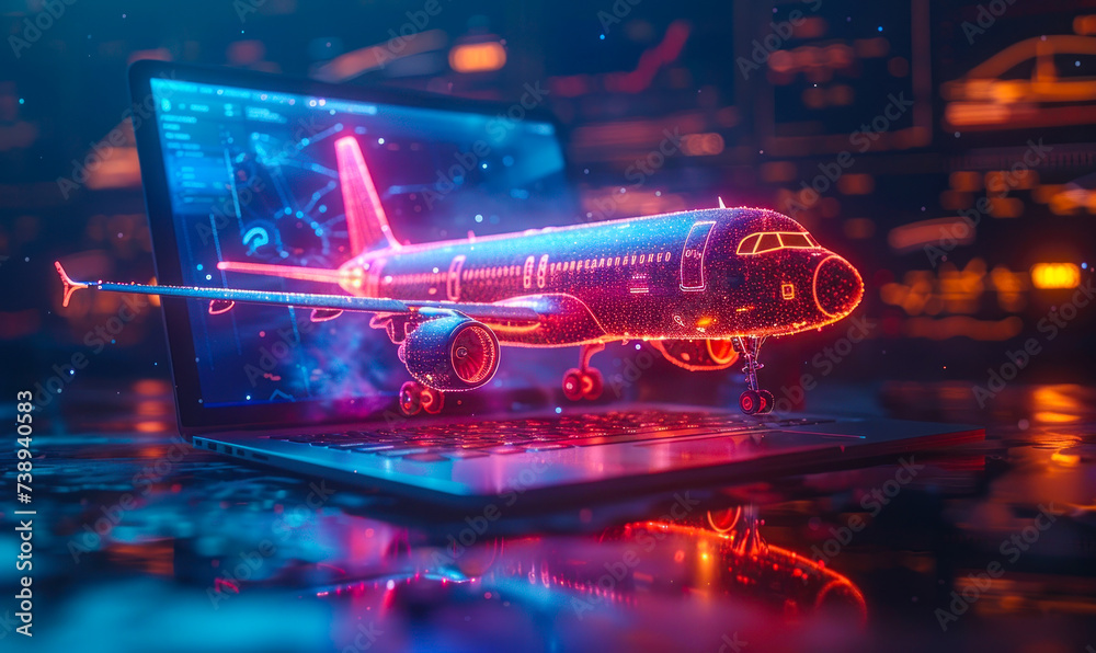 Futuristic concept of a commercial airliner jet emerging from a laptop ...