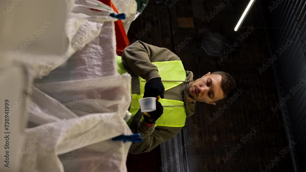 vertical video portrait of concentrated male worker in gloves and ...