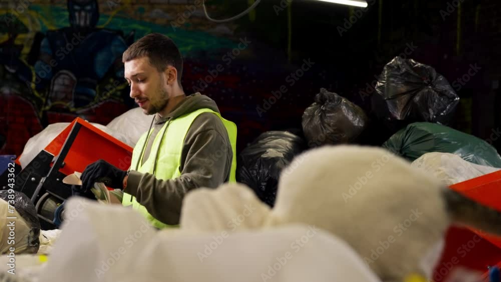 portrait of concentrated male worker in gloves and safety vest sorting ...