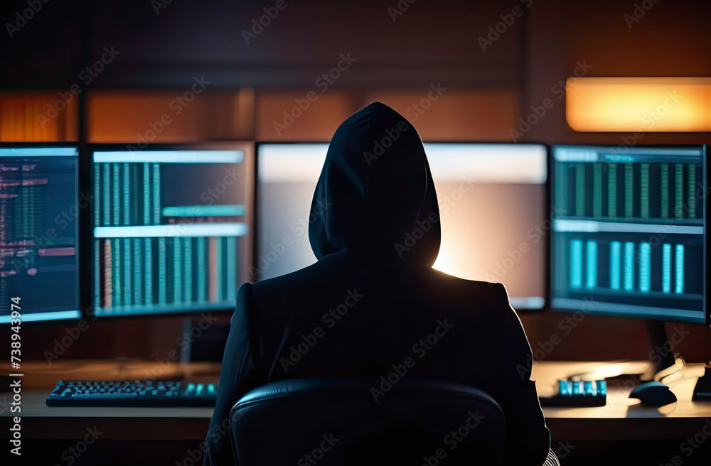 Silhouette of a hooded computer hacker sitting in front of computer ...