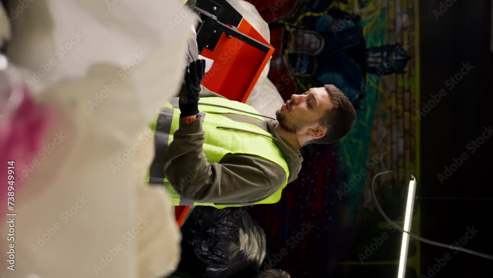 vertical video portrait of concentrated male worker in gloves and ...