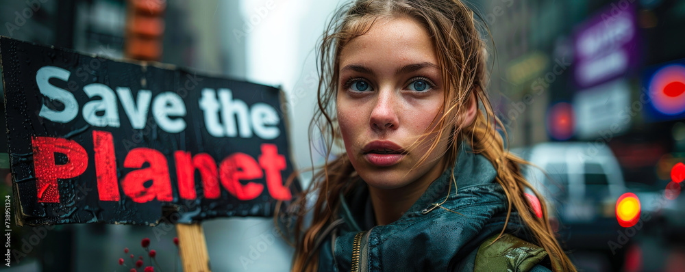 Activist holds up a Save the Planet sign during an environmental ...