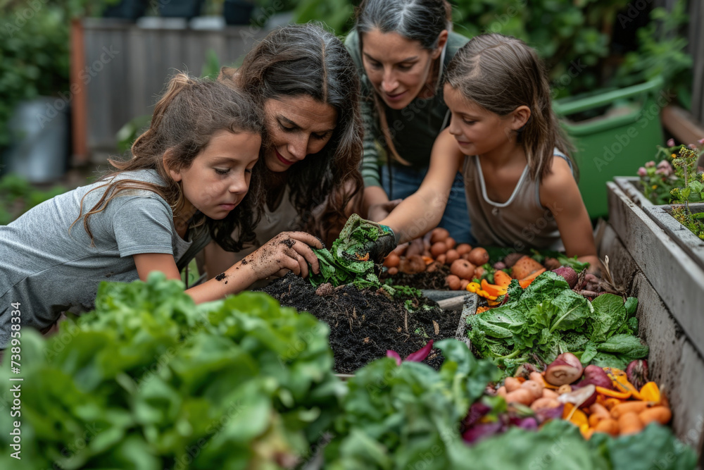 Family Composting Organic Waste in Compost Bin in Backyard, Food Waste ...