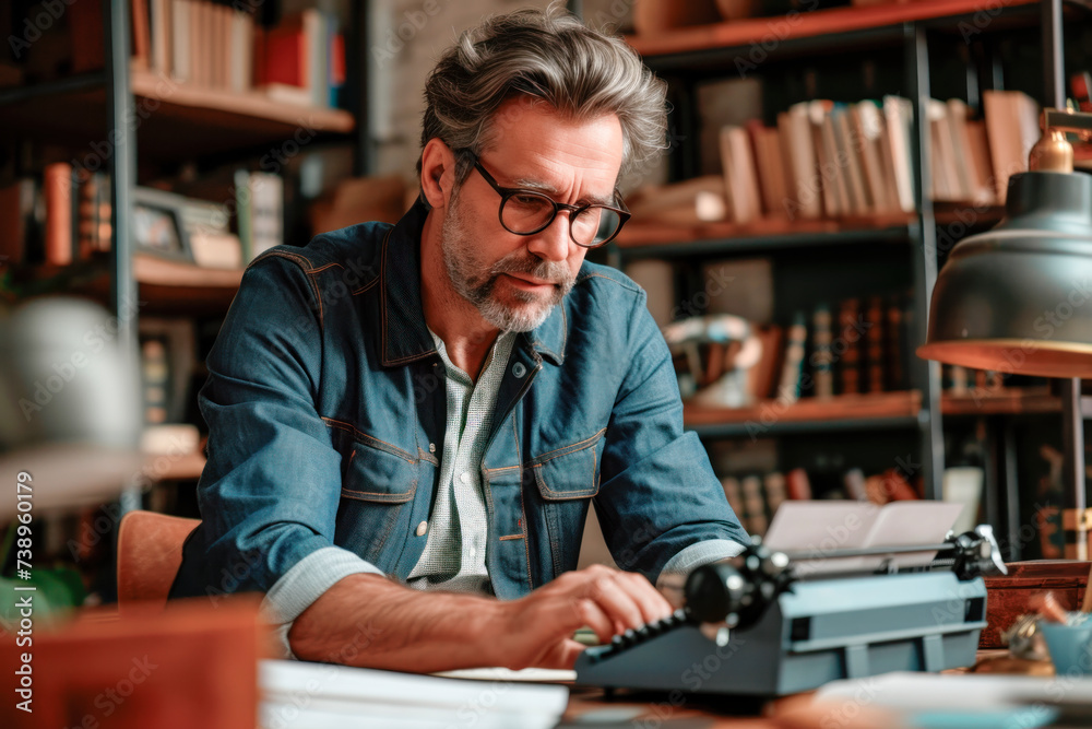 Caucasian mature male writer with glasses types a book on a vintage ...