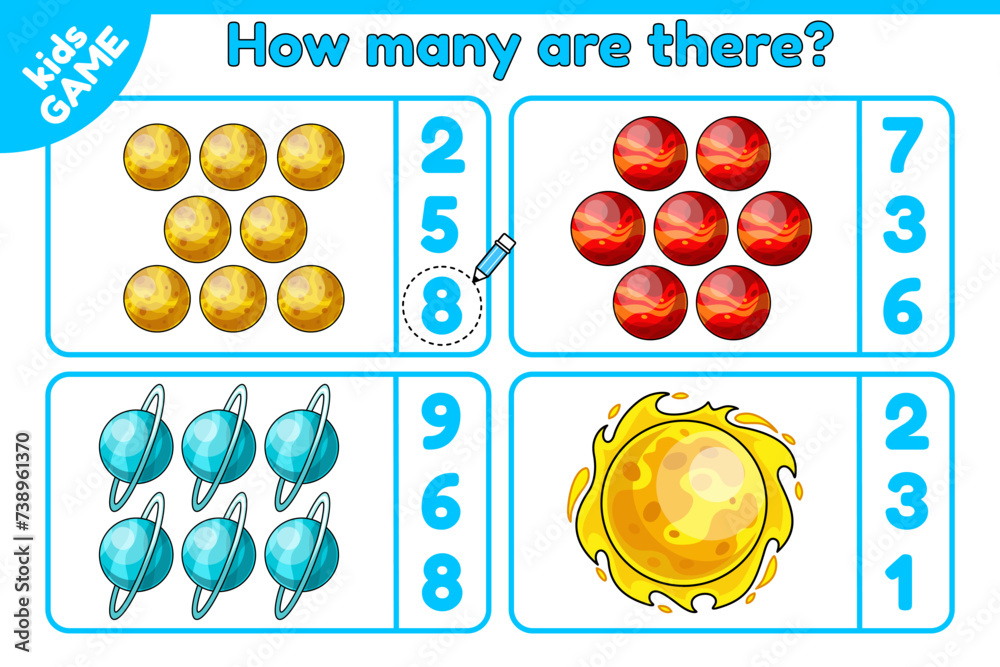 Math counting game for children. Space kids educational worksheet for school. How many planets ...