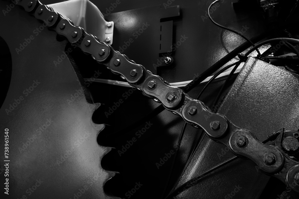 Gear chain drive shaft in conveyor belt is on production line. Timing ...