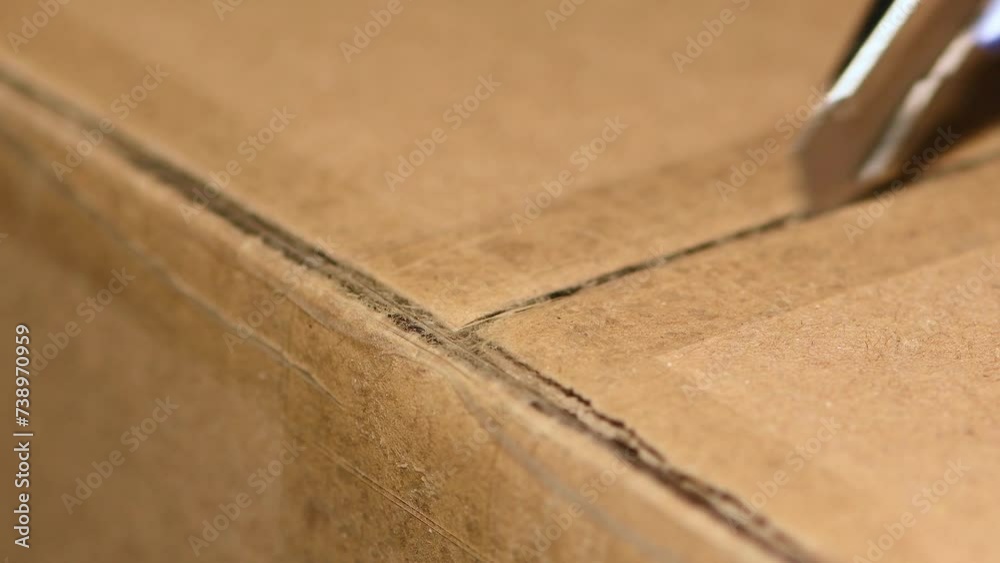 Extreme close-up, cardboard box, sticky tape being quickly cut open in ...