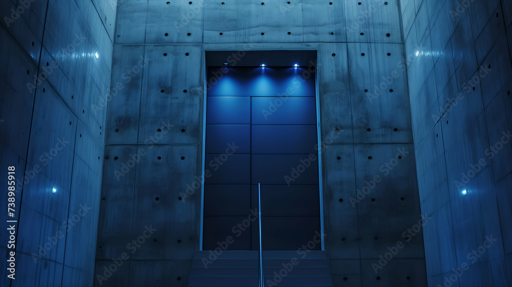 Overhead blue spotlights highlight a sleek elevator door within a dark ...