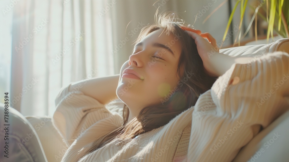 Relaxed serene pretty young woman feel fatigue lounge on comfortable ...