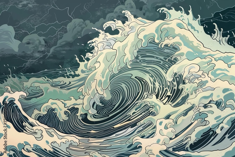 Ocean wave captured in traditional japanese woodblock print style ...