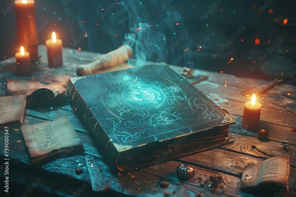 Magical tome on an ancient wooden desk With mystical symbols glowing ...
