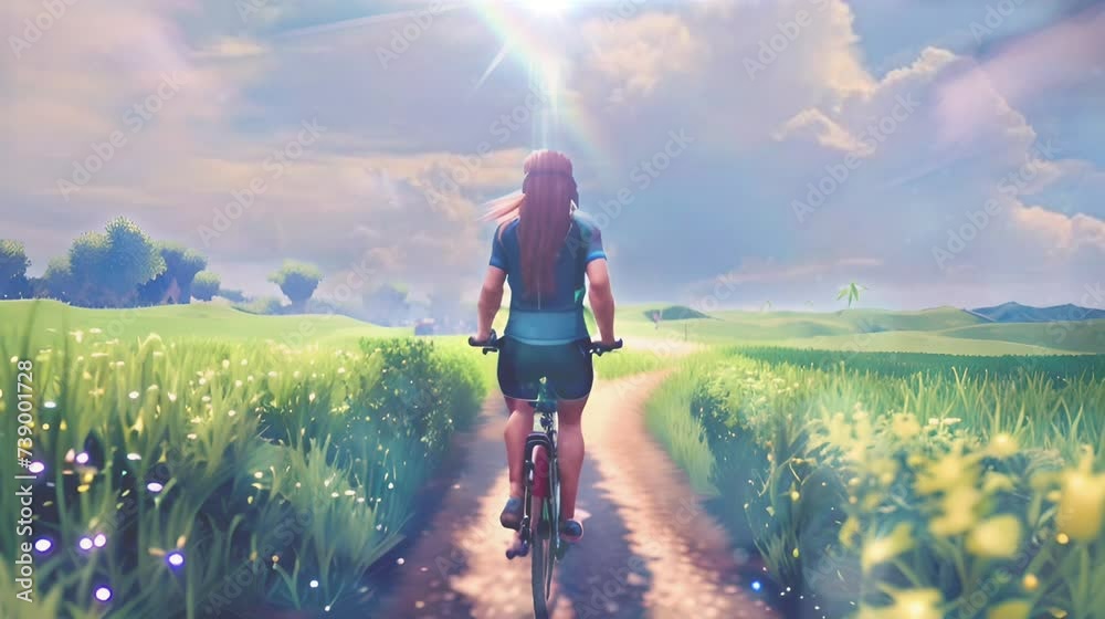 This animation depicts a woman cycling, Sunlight filters through the ...