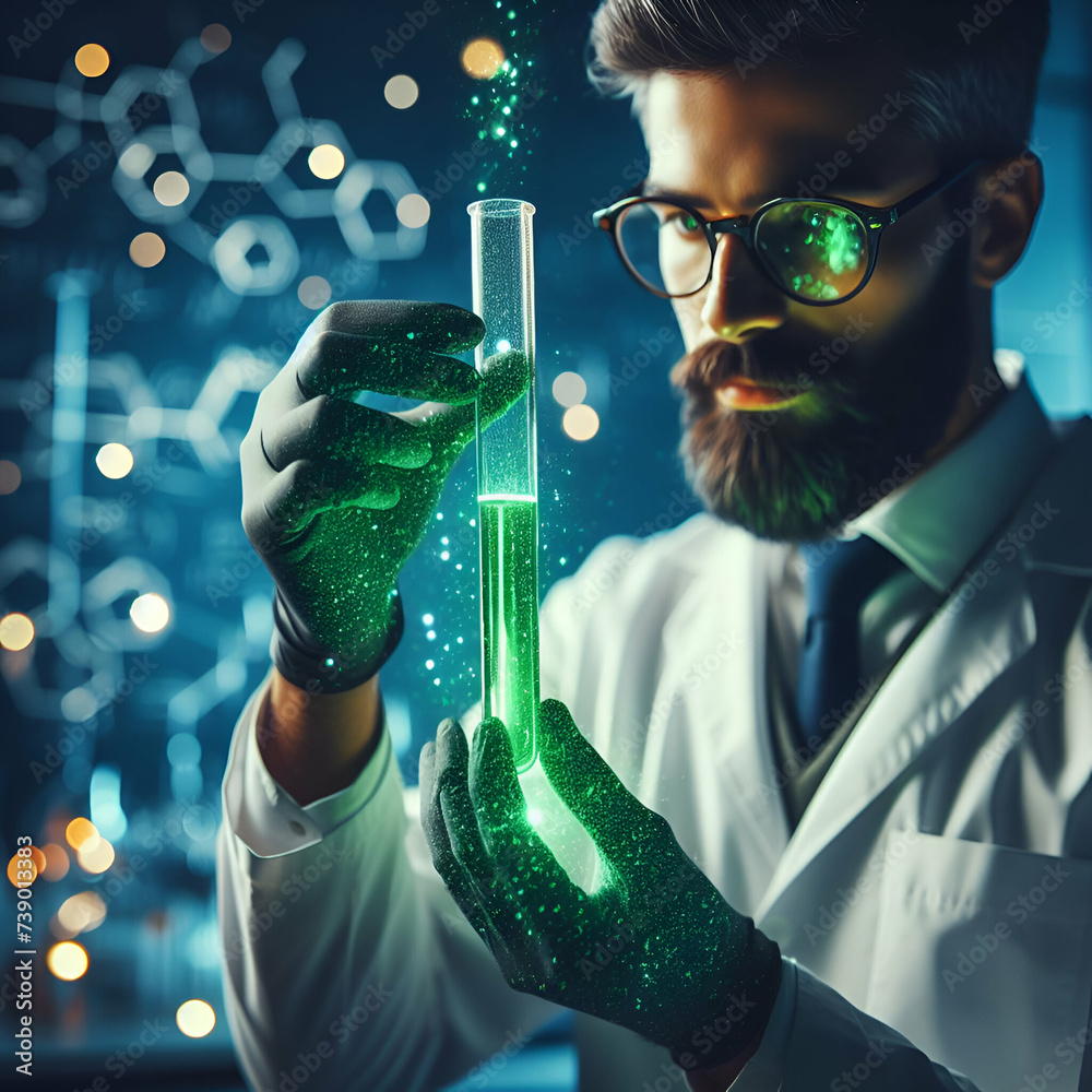 Male Chemist Scientist with Beard in Lab Coat & Glasses Working with ...