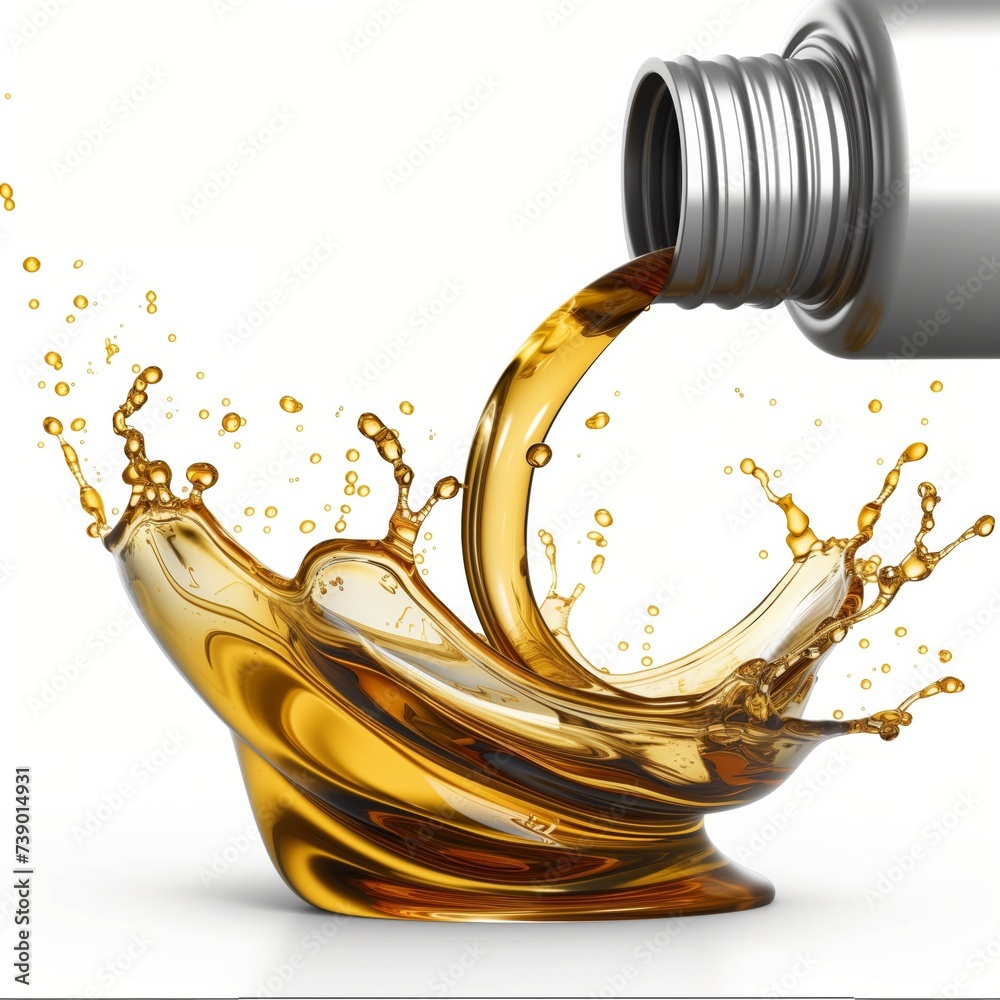 Dynamic motor oil splash from a tilted bottle with vibrant droplets and ...