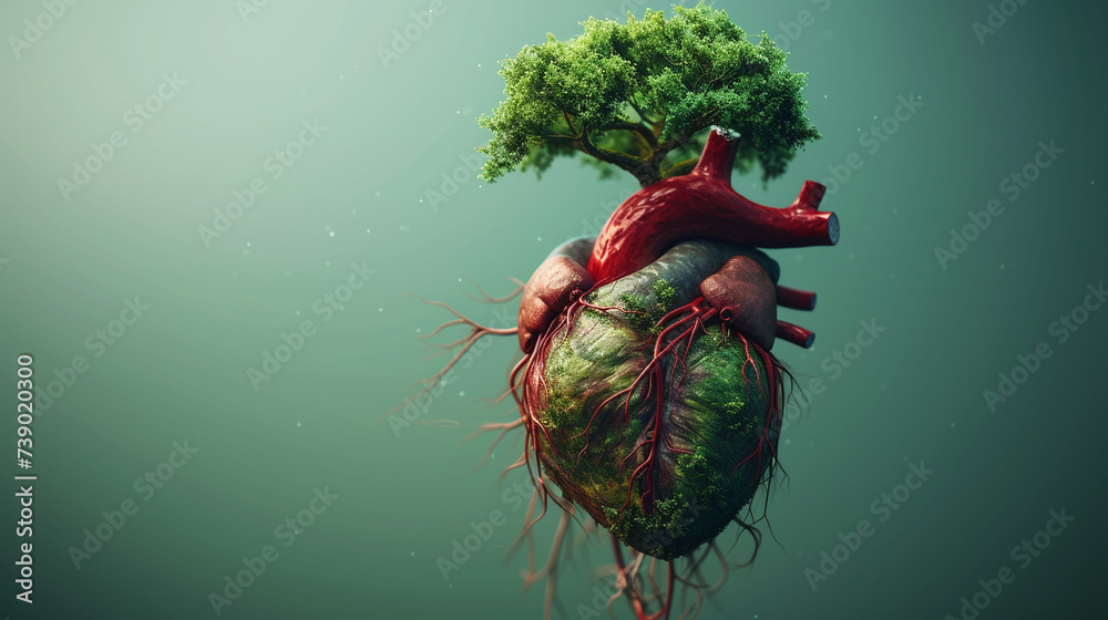 Human heart with a tree and roots. 3d illustration of a natural organ ...