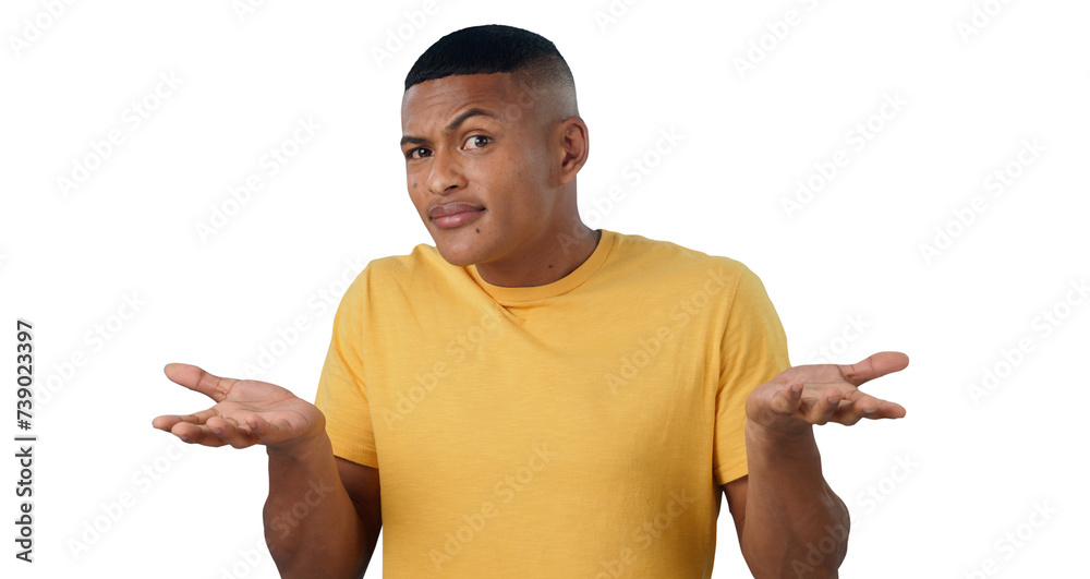 Confused, shrug and portrait of man in studio with why hands on ...
