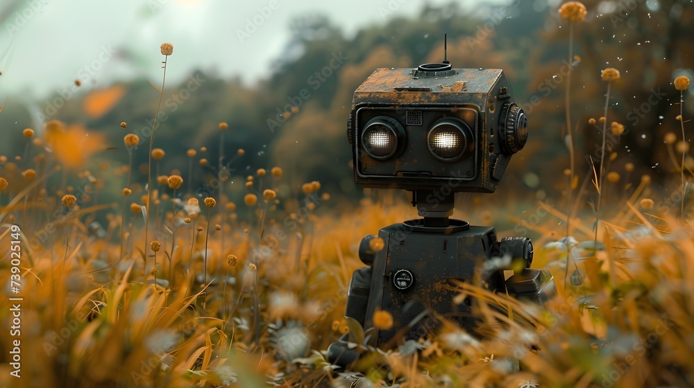 Robot taking a nap in a wildflower field a harmony of nature and ...
