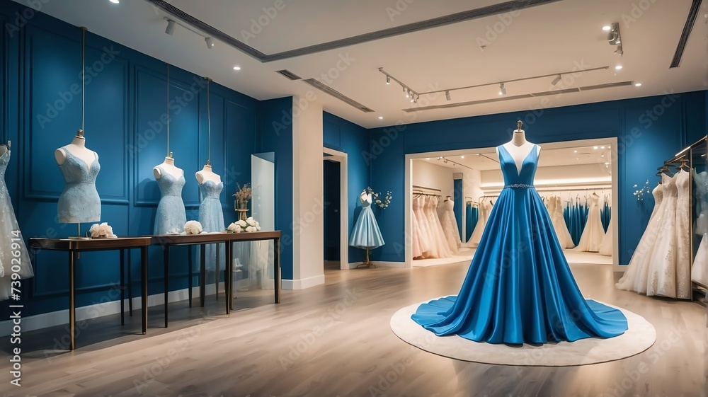 Beautiful blue formal dress gown with spotlight in middle of a ...