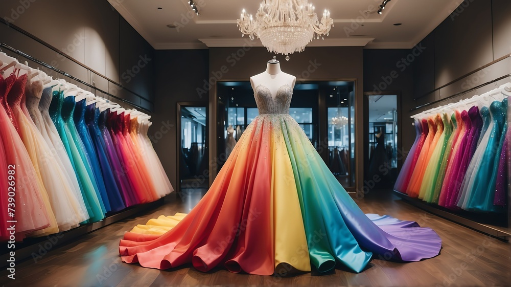 Beautiful rainbow colorful formal dress gown with spotlight in middle ...