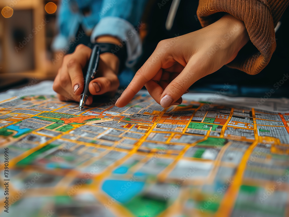 Hand pointing on a planning map, real estate zoning future residence ...