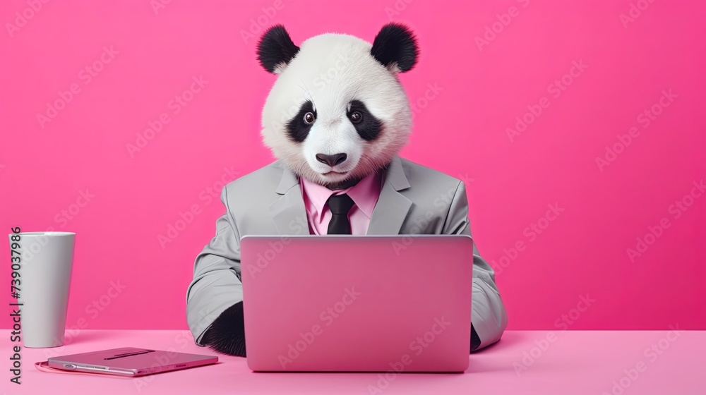 Panda Bear in suit using a laptop while working on bright pastel ...