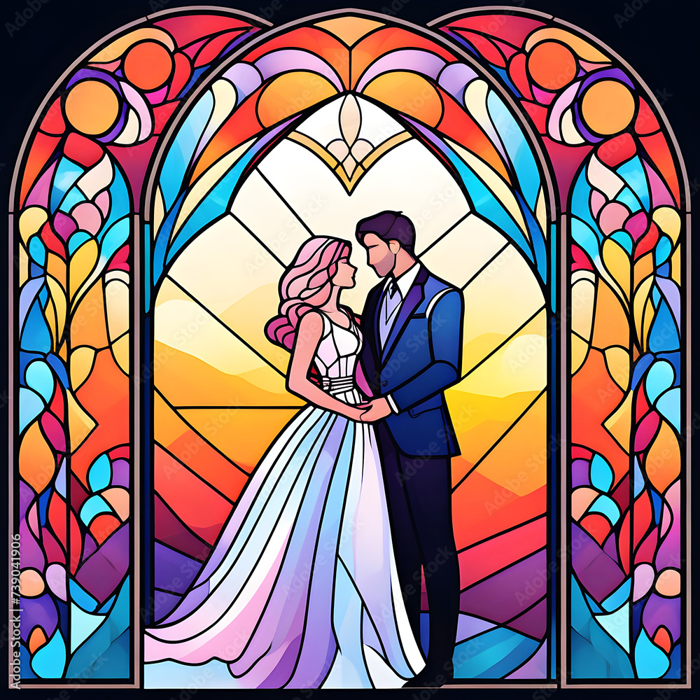 beautiful colorful stained glass art of a sunset wedding - young white ...
