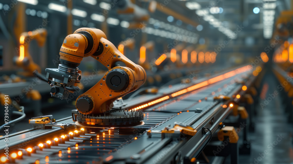 Solar panel placed on conveyor belt, operated by automatized robot arm ...