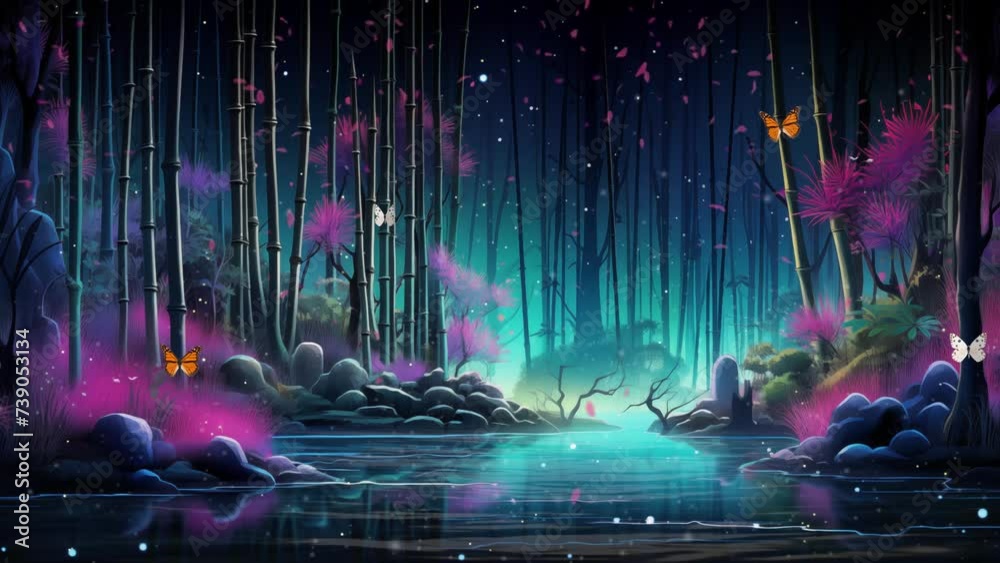 bamboo grove at night with bamboo shoot. fantasy background. anime ...