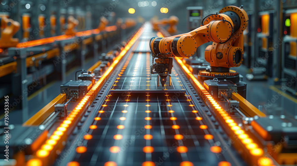 Solar panel placed on conveyor belt, operated by automatized robot arm ...