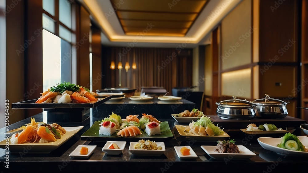 Food - Japanese Assorted Sushi and Sashimi displayed in catering area ...